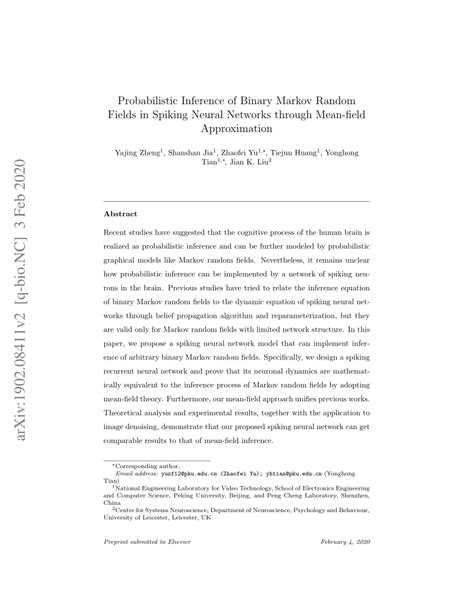 PDF Probabilistic Inference Of Binary Markov Random Fields In Spiking Neural Networks Through