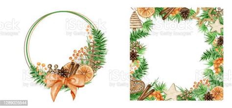소나무 가지 계피 스틱 스타 아니스 오렌지세트 크리스마스 보호 화환 프레임 수채화 빈티지 테두리 고립 된 일러스트 크리스마스 새해 카드 및 초대장의 디자인을 위해 0명에