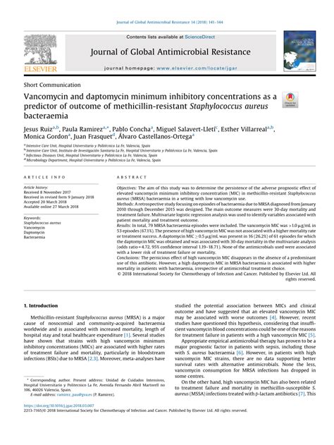 Pdf Vancomycin And Daptomycin Minimum Inhibitory Concentration As A Predictor Of Methicillin