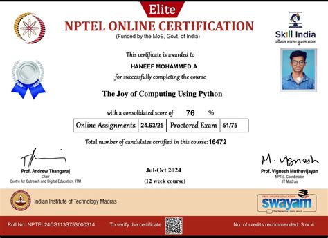 Thrilled To Have Completed The 12 Week Nptel Course The Joy Of Computing Using Python With A