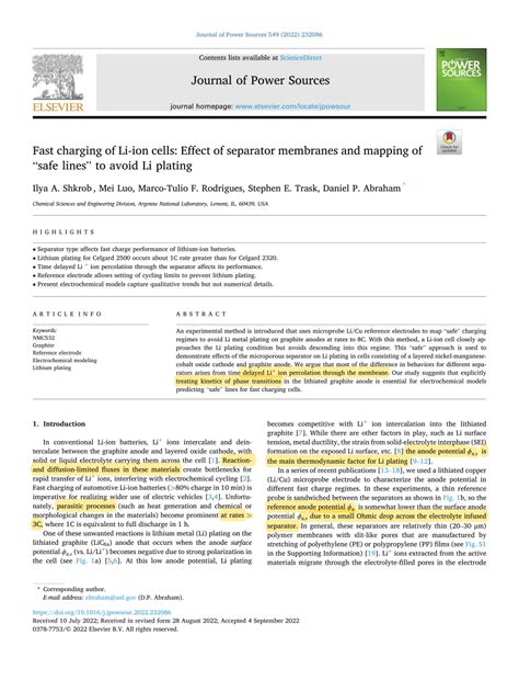 Pdf Fast Charging Of Li Ion Cells Effect Of Separator Membranes And Mapping Of “safe Lines