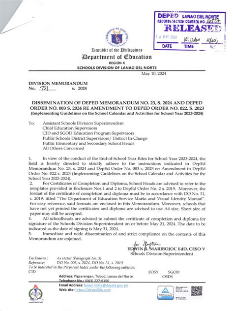dissemination of deped memorandum no 23 s 2024 and deped order no 003 s 2024 re amendment to