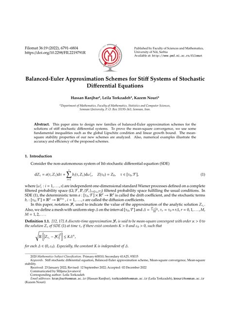 Pdf Balanced Euler Approximation Schemes For Stiff Systems Of Stochastic Differential Equations