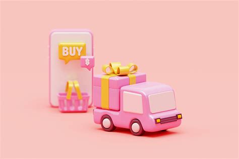 선물 상자가 있는 배달 트럭은 놀라운 온라인 쇼핑 또는 무료 배송 빠른 배달 자동차 배달 특급 배달 운송 물류 개념 배경 3d 렌더링 그림 제공 3차원 형태에 대한 스톡