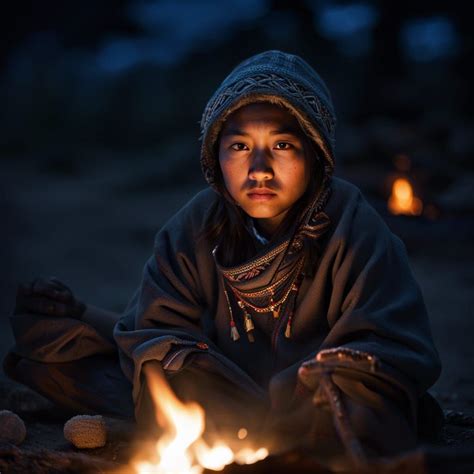 Young Mongol Girl Sitting By A Campfire At Night Rough Nomad Clothing