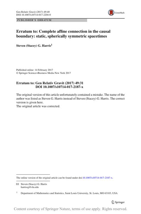 Erratum To Complete Affine Connection In The Causal Boundary Static Spherically Symmetric