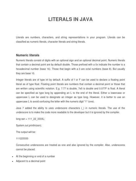 Literals In Java Pdf Software Development Mathematics