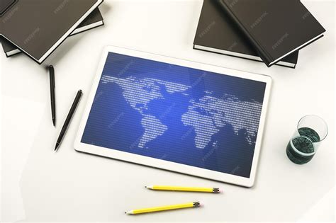 Premium Photo Modern Digital Tablet Display With Abstract Creative World Map Research And