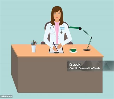젊은 여자 의사는 환자를 복용입니다 테이블에 앉아 의료 고문입니다 의학 사무실 개념입니다 메모장에 대한 스톡 벡터 아트 및 기타