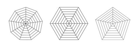Nonagon 육각형 오각형 그래프 레이더 거미 템플릿 거미 메쉬 빈 레이더 차트가 설정됩니다 통계 분석을 위한 플랫 웹 다이어그램 코칭 도구 세그먼트가 있는 검은색 그리드