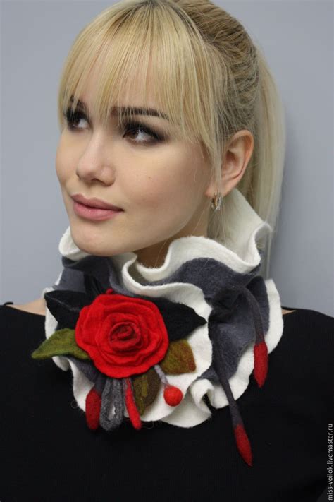 Шарф из шерсти Красная роза валяние Felt Necklace Fancy Collar Diy Scarf