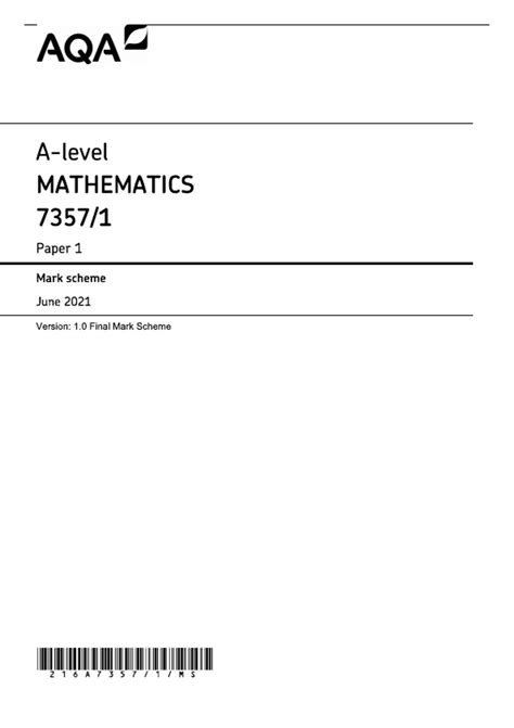 AQA A Level Maths Paper MARK SCHEME A Level Maths Stuvia UK