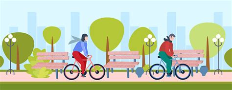 커플 승마 자전거 건강 한 라이프 스타일 개념 남자 여자 자전거 자전거 휴일 활동 도시 도시 공원 도시 배경 수평 배너 플랫 2명에 대한 스톡 벡터 아트 및 기타 이미지
