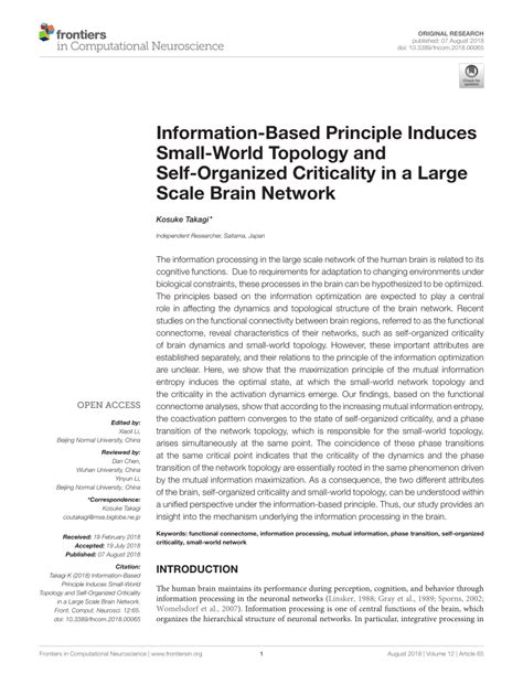Pdf Information Based Principle Induces Small World Topology And Self Organized Criticality In