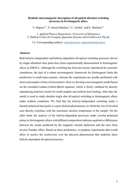 Pdf Realistic Micromagnetic Description Of All Optical Ultrafast Switching Processes In