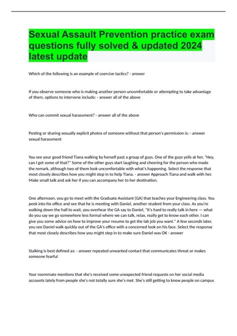 Sexual Assault Prevention Practice Exam Questions Fully Solved Updated Latest Update