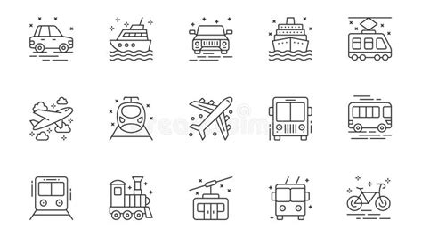 Transport Mean Icons Set In Outline Stroke Design For Web Pack Line Pictograms With Car Ship