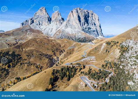 Scenic View Of Passo Di Sella Mountain Road In Italy Stock Image