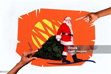 행복 한 노인 산타 클로스의 합성 사진 콜라주 새해 장식 나무 손 포인트 크리스마스 축하 페인트 배경에 고립 된 12월 31일에 대한 스톡 사진 및 기타 이미지 Istock