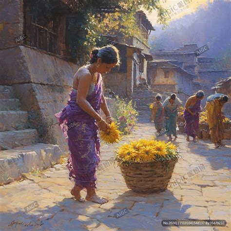 Ai创作图爨底下风情油画 尼泊尔水墨水彩手绘图 老挝绘画老挝油画 中国乡村油画 东南亚油画 抱背篓的姑娘 尼泊尔艺术家 尼泊尔手绘 爨底下油画装饰画 迪庆水彩迪庆水粉 尼泊尔旅游水彩旅游 挑水