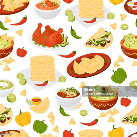 멕시코 전통 음식 타코 퀘사디아 과카몰리 엠파나다 흰색 바탕에 토마토 수프가 있는 매끄러운 패턴 벡터 그림입니다 국가 라틴 아메리카 요리와 끝없는 배경 0명에 대한 스톡