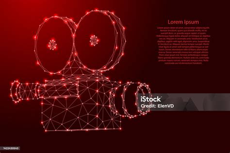 영화 카메라 비디오 카메라 Tv 미래 지향적 인 다각형 빨간색 선과 배너 포스터 인사말 카드를위한 빛나는 별 낮은 폴리 개념 벡터 일러스트레이션 0명에 대한 스톡 벡터 아트