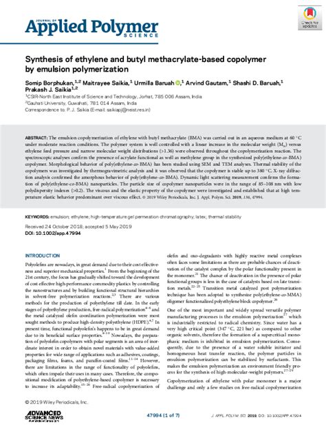 Pdf Synthesis Of Ethylene And Butyl Methacrylate‐based Copolymer By