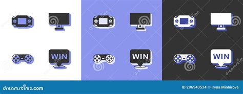 Set Medal Portable Video Game Console Game Controller Joystick And Computer Monitor Icon