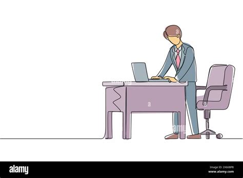 Single One Line Drawing Man Employee Working At Ergonomic Workstation