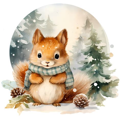 Cute Squirrel In A Winter Forest Watercolor Cartoon Illustration Ai Generative 28632701 Png