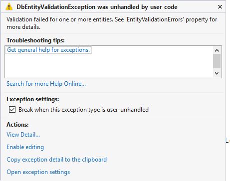 Validation Failed For One Or More Entities While Saving Changes To SQL Server Database Using