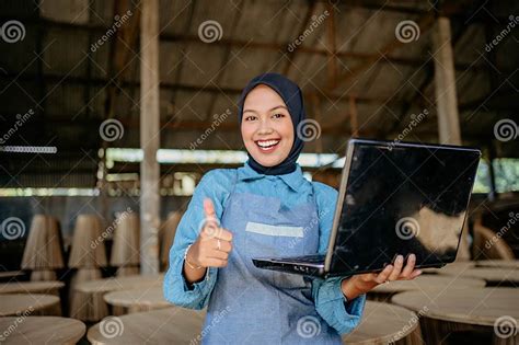 Asian Businness Woman Working Using Laptop With Shows Thumbs Up Stock