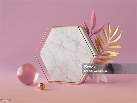 3d 렌더 흰색 대리석 육각 형 벌집 모양 빈 다각형 배너 모형 로즈 핑크 배경에 고립 된 간단한 기하학적 개체 추상적 인 고급 개념 유리 골드 공 종이 손바닥 잎 0명에
