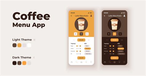 Coffee Menu Cartoon Smartphone Interface Vector Templates Set Mobile App Screen Page Night And
