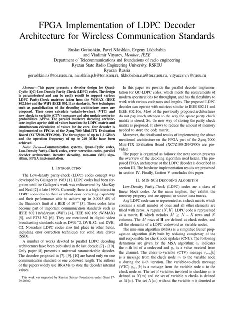 Fpga Implementation Of Ldpc Decoder Architecture For Wireless