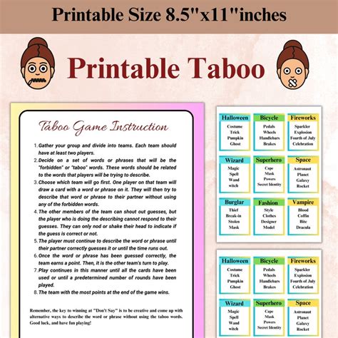 Printable Taboo Game Taboo Game Forbidden Words Instant Download Taboo Cards Printable