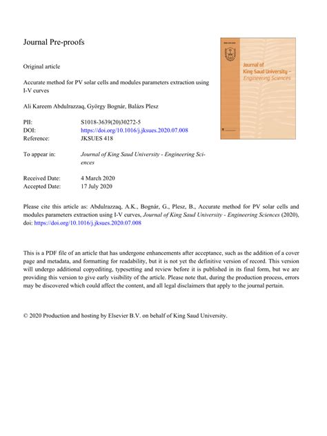 Pdf Accurate Method For Pv Solar Cells And Modules Parameters