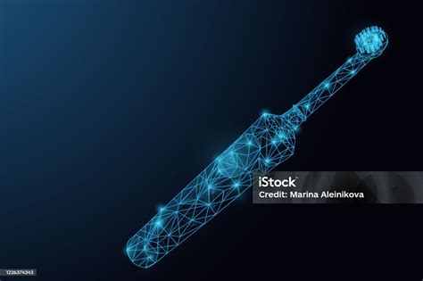 진한 파란색 배경에 고립 된 별 선 점 삼각형으로 만든 미래지향적 인 빛나는 낮은 다각형 전기 칫솔 치과 및 위생 개념 3차원 형태에 대한 스톡 벡터 아트 및 기타 이미지