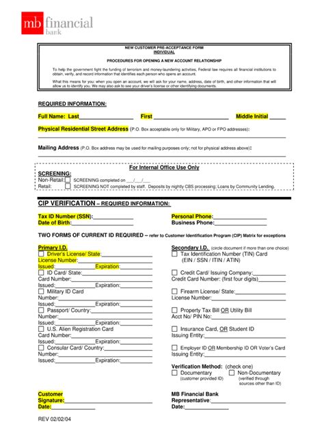 Mb Financial Bank New Customer Pre Acceptance Form Fill Online Printable Fillable Blank