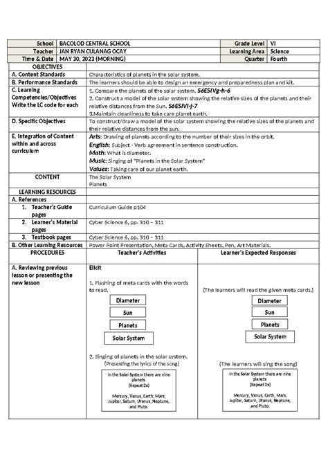 Science 6 Lesson Plan School Bacolod Central School Grade Level Vi Teacher Jan Ryan Culanag