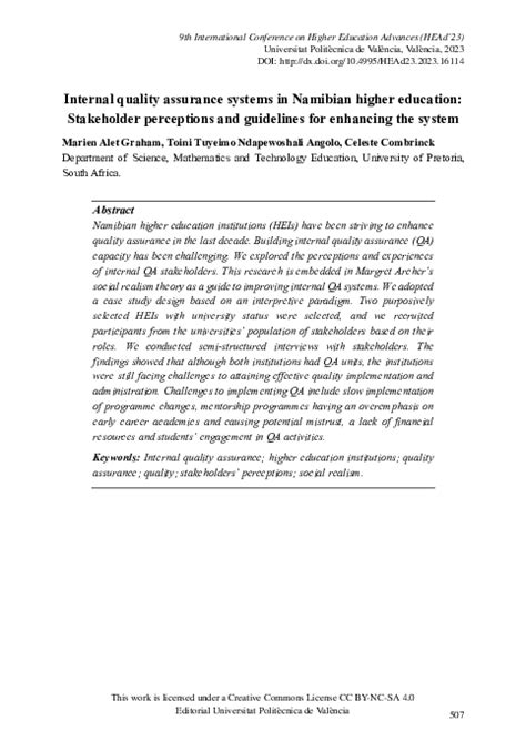 Pdf Internal Quality Assurance Systems In Namibian Higher Education Stakeholder Perceptions