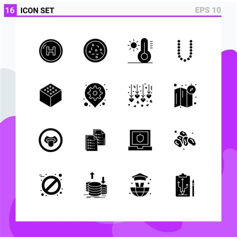 16 Thematic Vector Solid Glyphs And Editable Symbols Of Gear Cube Climate Neckles Beauty