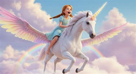 Whimsical Journey Girl And Unicorn Pegasus Soaring Above Clouds And