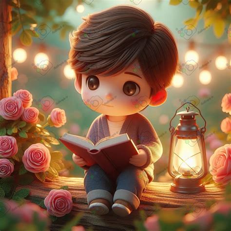 بک گراند کودکانه پسربچه ناز نشسته روی کنده درخت در حال مطالعه کتاب کد