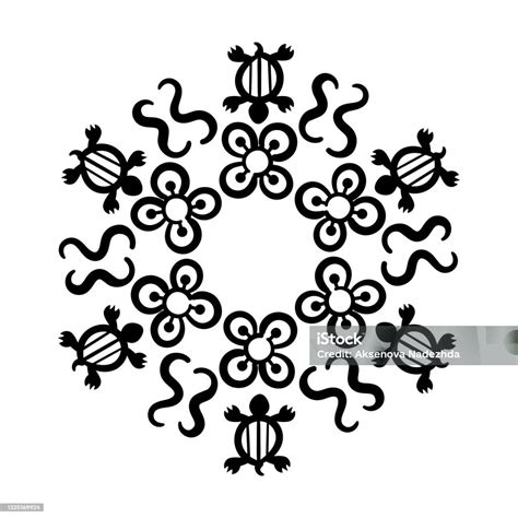 아딘크라 기호 고대 부족 민족 기호라운드 벡터 일러스트레이션 아프리카의 의식 화면 인쇄 예술적인 손 페인팅 0명에 대한 스톡