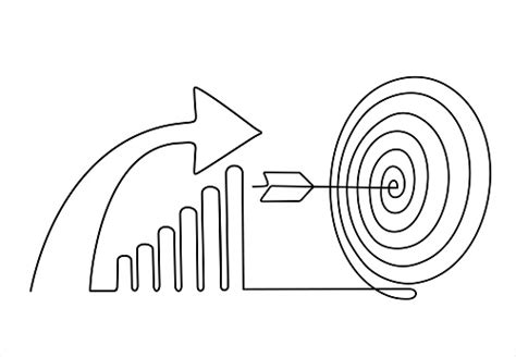 다트 보드의 연속적인 한 선 그리기와 화살표 막대 그래프를 증가시킵니다 스타트업 아이디어 창의적 상상력 잭팟 최고 점수 목표 및 성공적인 교육 또는 비즈니스 성공 개념에