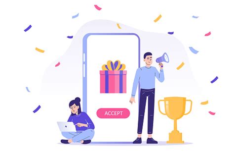 온라인 보상 개념 행복한 사람들은 스마트 폰에서 선물 상자를받을 수 있습니다 디지털 추천 및 보상 프로그램 홍보 온라인 상점