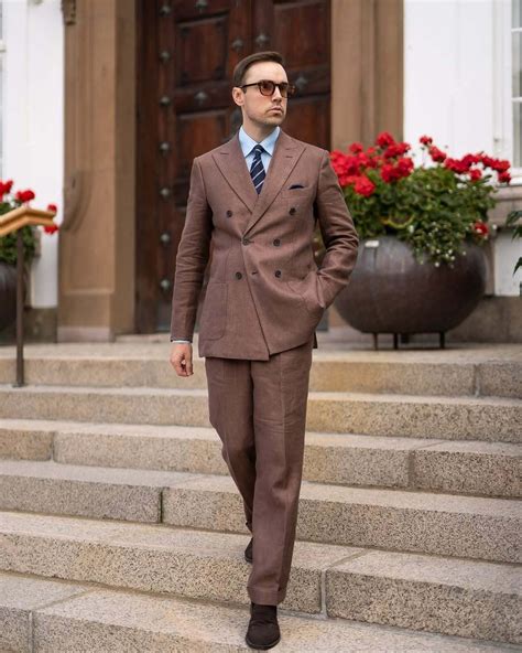 Brown Double Breasted Suit With Blue Shirt