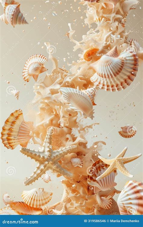 Floating Seashell And Starfish With Sand Particles Levitation In Air On Floating Seashell And Starfish With Sand Particles Levitation In Air On