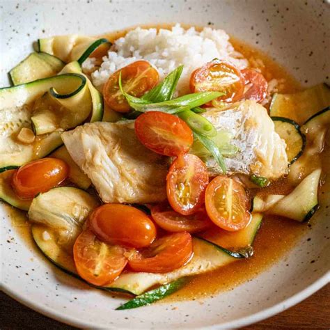 Flaky Asian Cod In Gochujang Broth With Zucchini Tomatoes We All